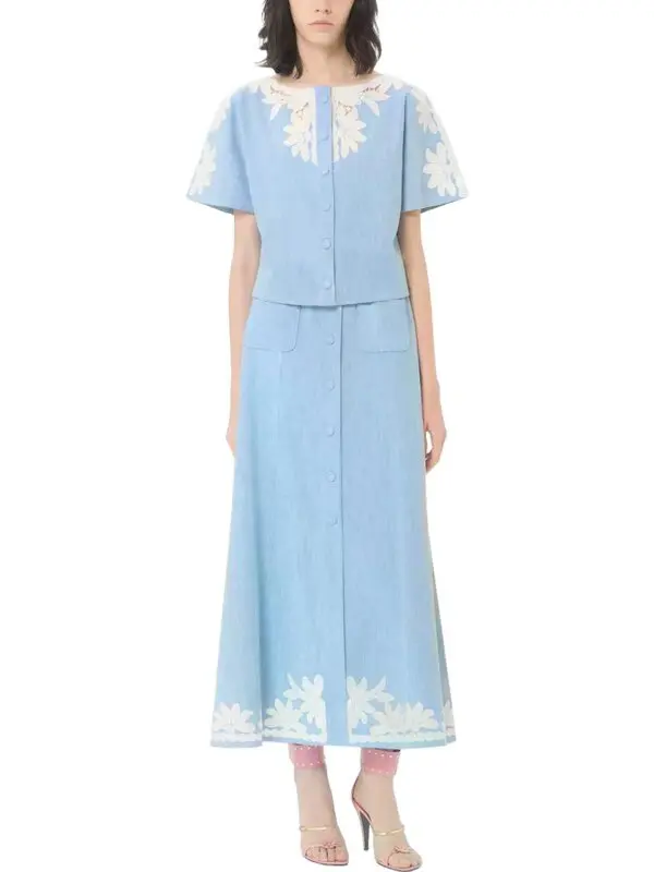 Valentino Garavani Embroidered Denim Midi Skirt - Blue