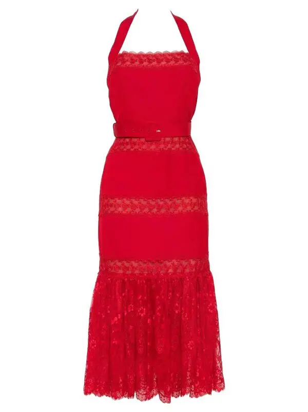 SELF-PORTRAIT Floral Lace Paneled Belted Midi Dress - Red