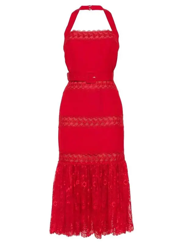 SELF-PORTRAIT Floral Lace Paneled Belted Midi Dress - Red