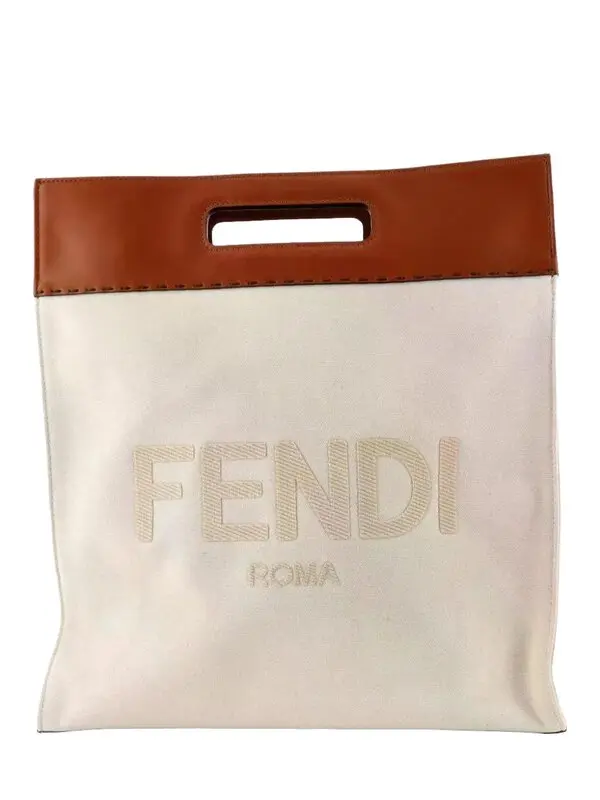 Fendi North South Logo Cutout Handle Shopper Canvas With Leather Tote Bag - Brown