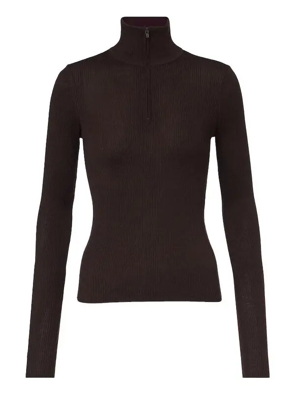 THE FRANKIE SHOP Sade Ribbed-knit Wool And Silk Half-zip Sweater - Brown