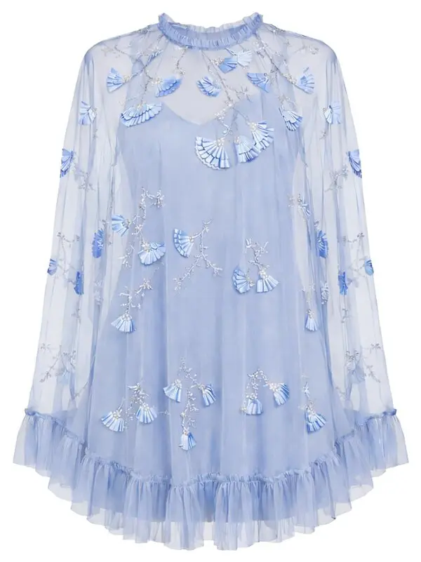 Mac Duggal Embellished Long Sleeve Mini Dress With Ruffle Hem - Blue