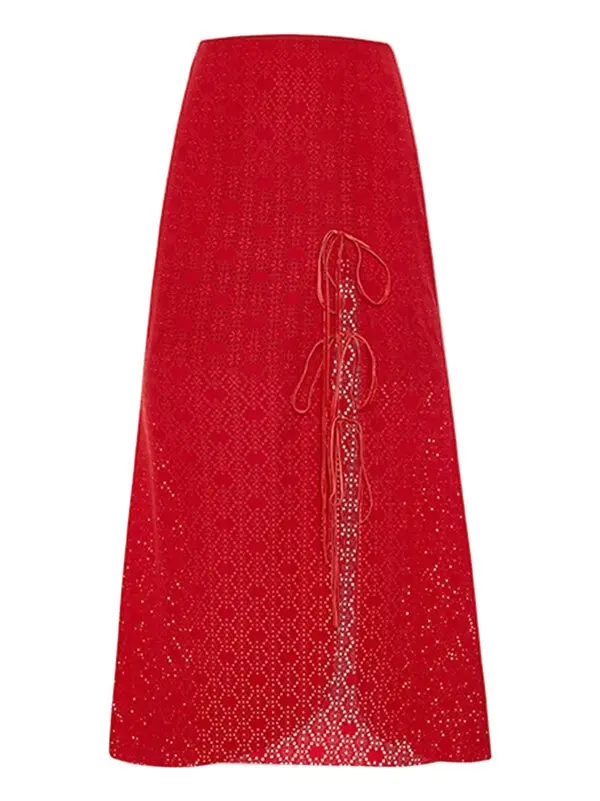 PCFG Broderie Anglaise Embroidered Midi Skirt With Side Slit And Ribbon Tie - Red