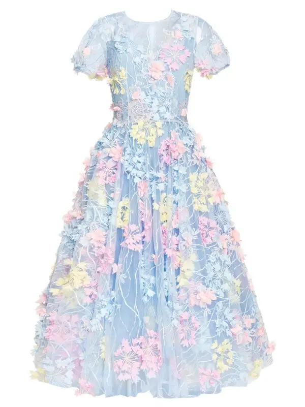 MATSOUR'I Matsou'ri Floral Appliqué Tea-length Dress - Blue