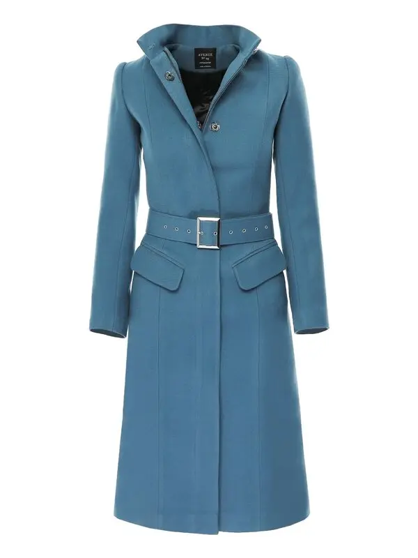 AVENUE N°29 Belted Midi Wool Blend Coat - Blue