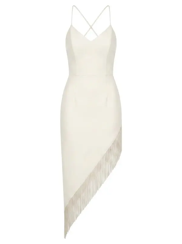 NOMI FAME Ondine Creamy Dress With Asymmetric Skirt And Beaded Fringes - White