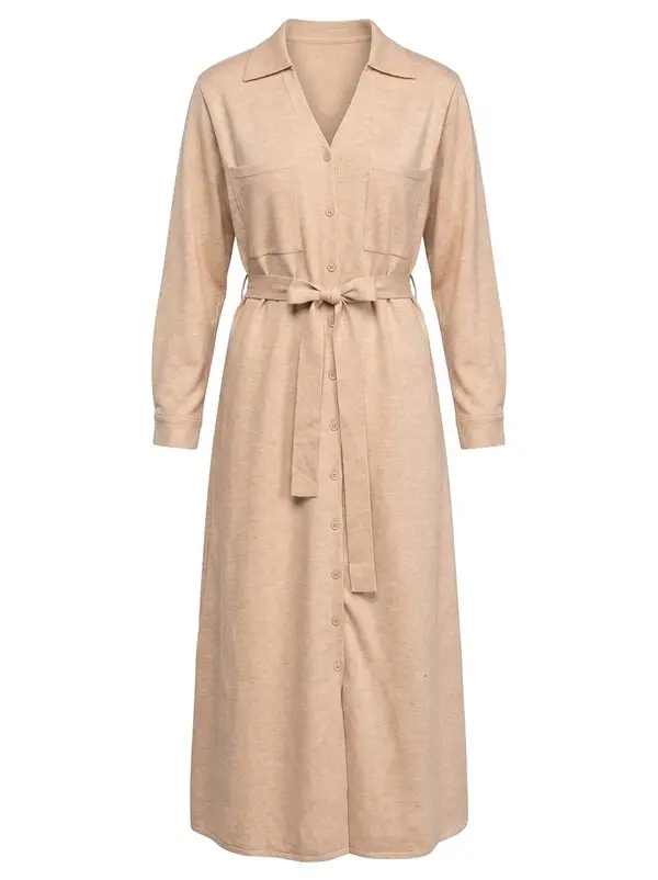 TANTRA SPAIN SL Long Knit Shirt Dress With Chest Pockets And Belt - Beige