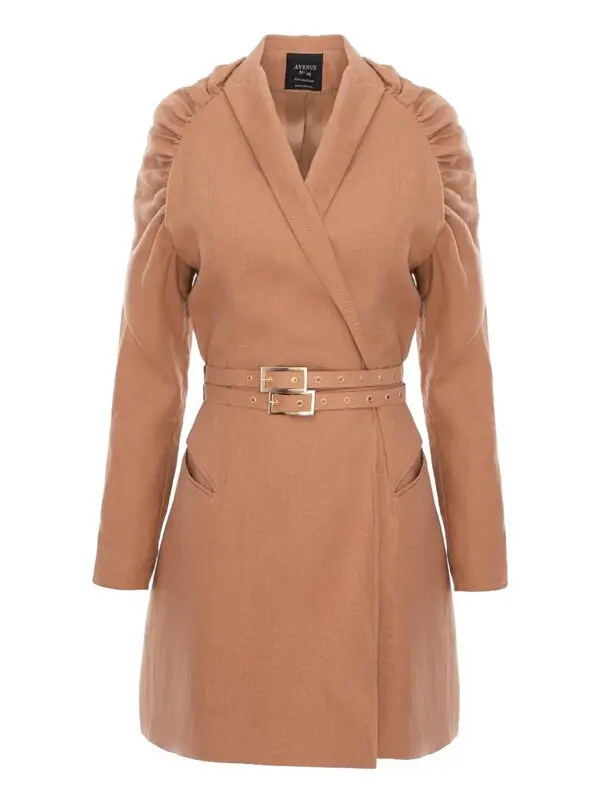 AVENUE N°29 Gathered Raglan Sleeve Linen Blazer Dress With Double Belt - Brown