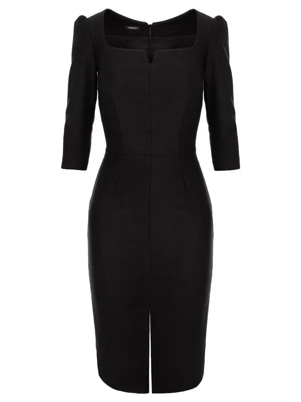 AVENUE N°29 Virgin Wool Midi Dress With V-neck Detail - Black