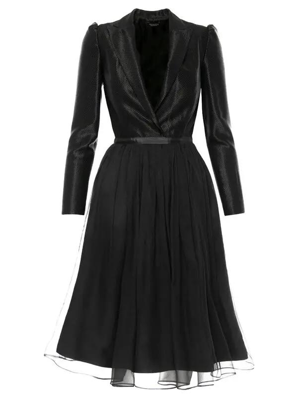 AVENUE N°29 Silk V-neck Lapel Dress With Gathered Midi Skirt - Black