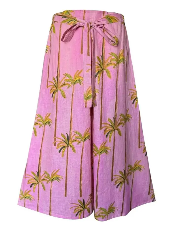 PICK HAPPY Palm Tree Print Cotton Wide Leg Pants - Pink
