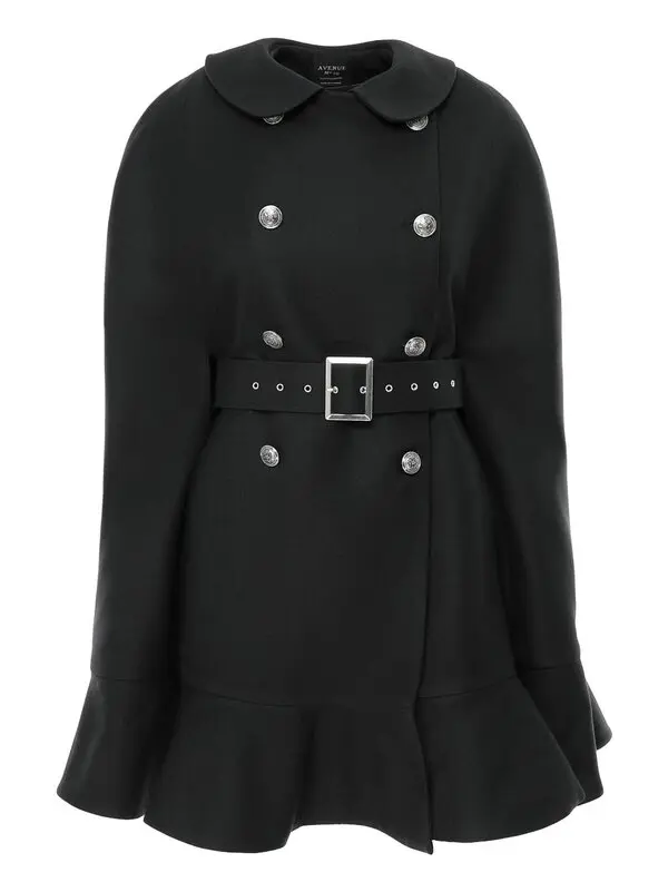 AVENUE N°29 Double Breasted Cape With Belt And Ruffled Hem - Black