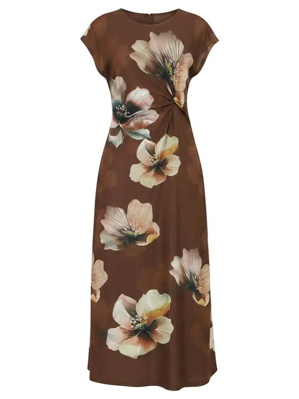 YUMI Mesh Floral Midi Dress - Brown