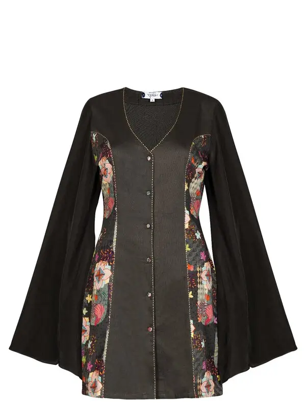 MAISON QALA Ash Solstice Dress With Kantha Embroidery - Grey