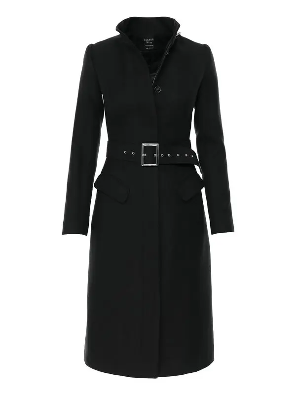 AVENUE N°29 Midi Length Wool Coat With Belt - Black