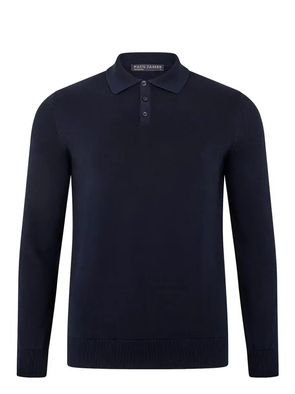 PAUL JAMES KNITWEAR Lightweight Cotton Hall Long Sleeve Knitted Polo Shirt Navy - Blue