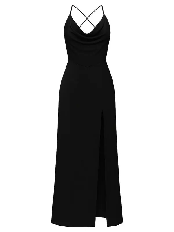 NOMI FAME Aphrodite Draped Cowl Neck Evening Gown With Slit And Crossed Straps - Black