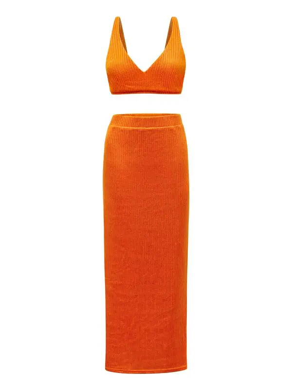WHY MARY Arancia" Ribbed Knit Crop Top And Maxi Pencil Skirt Set - Orange