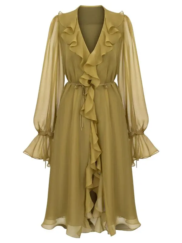 ELSAVA Cascading Ruffle Midi Dress - Yellow