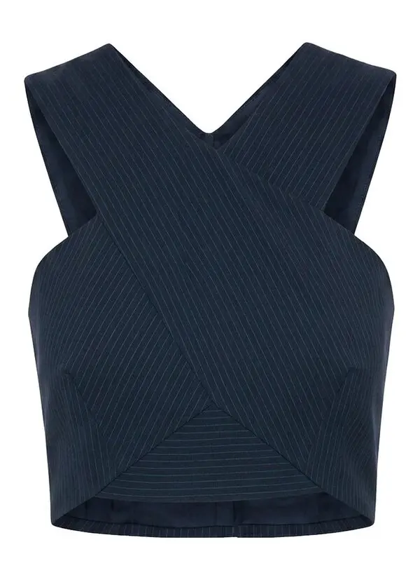 RUE LES CREATEURS Navy Asymmetric Striped Crop Bustier - Blue