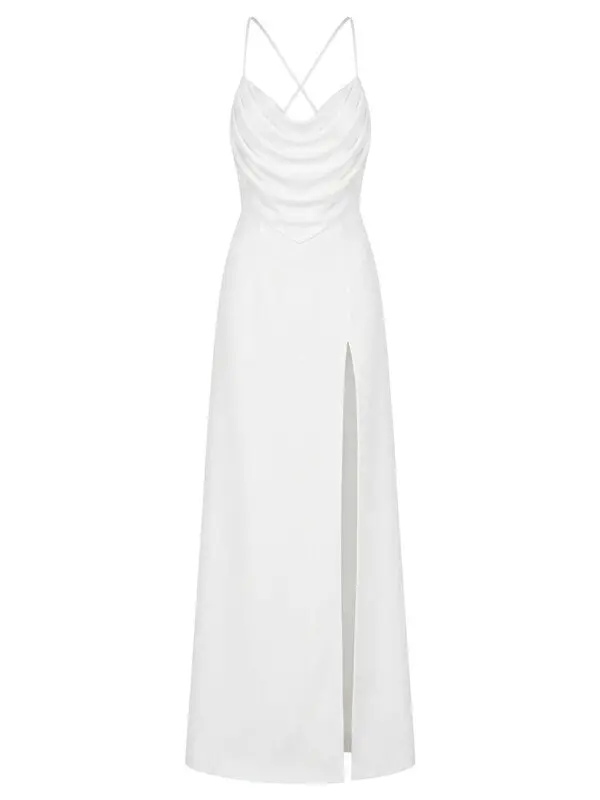 NOMI FAME Aphrodite Draped Cowl Neck Evening Gown With Slit And Crossed Straps - White