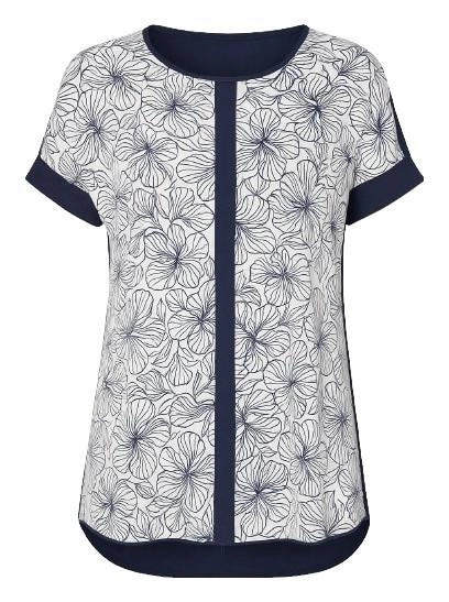 CONQUISTA Short Sleeve Paneled Floral Top - Blue