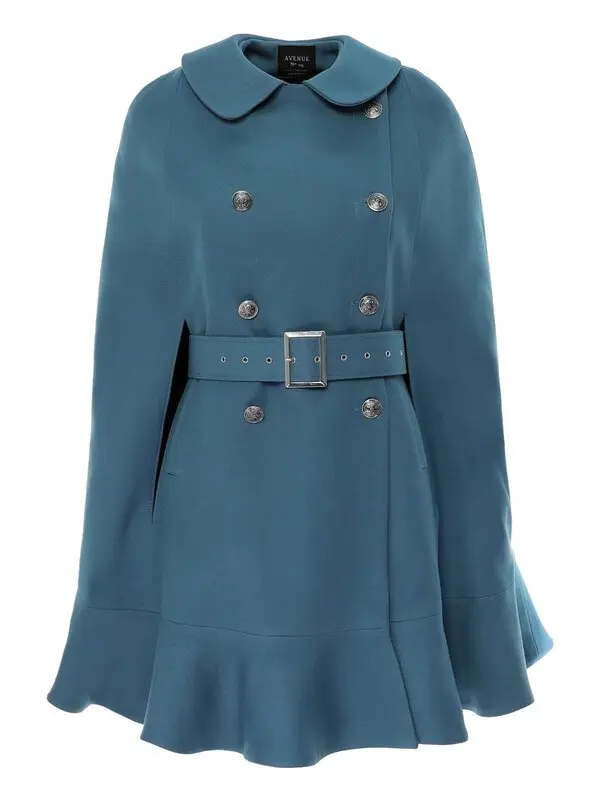 AVENUE N°29 Double Breasted Wool Blend Cape - Blue