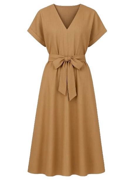 CONQUISTA Beige Linen Style Belted Midi Dress - Brown