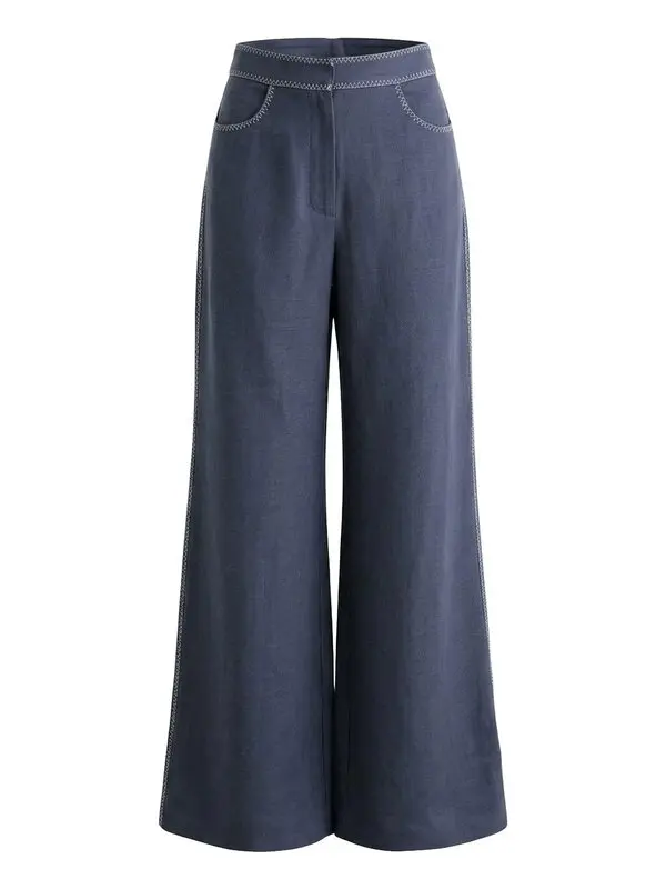 RUE LES CREATEURS Indigo Linen Blend Wide Leg Trousers - Blue