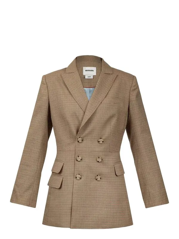 VAN BRUSSEL Alessandro Double Breasted Checked Wool Blend Blazer - Brown