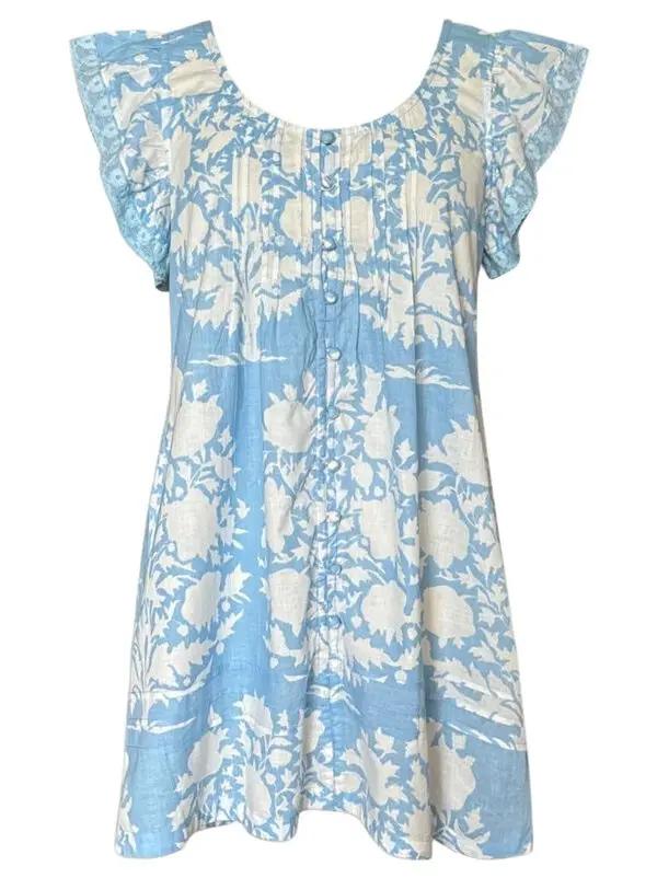 PICK HAPPY Ruffled Sleeve Mini Cotton Dress - Blue