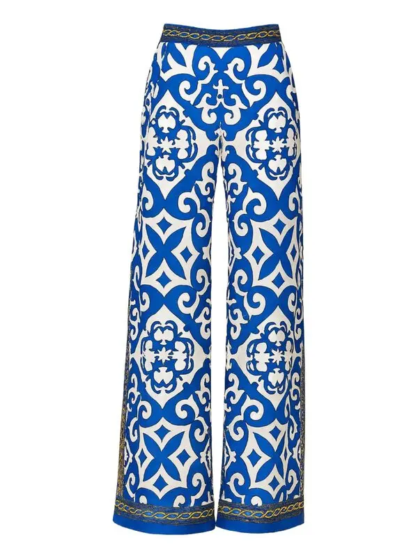 ANNIA LOUISA Wide-leg Printed Trousers With Crystal Embellishments - Blue/white