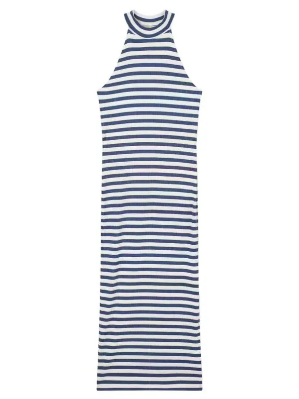 EA7 Striped Halterneck Ribbed Knit Maxi Dress - Blue