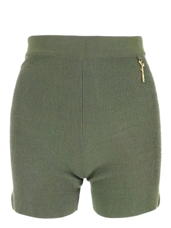 Jacquemus Ribbed Knit Shorts With Gold-tone Logo - Green