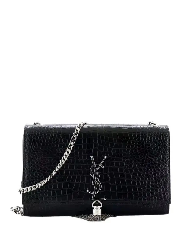 Saint Laurent Monogram Tassel Crocodile Embossed Leather Medium Crossbody Bag - Black