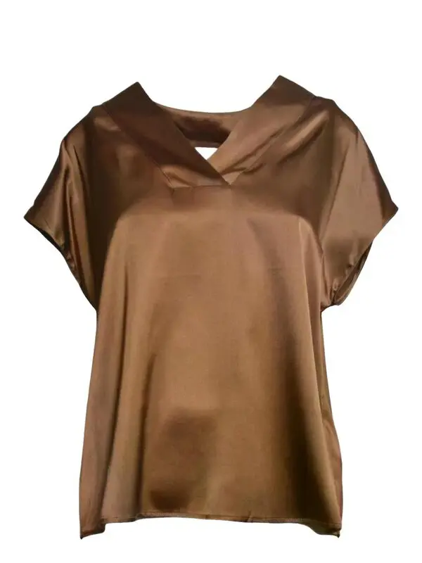 SOLOTRE Satin Finish V-neck Blouse - Brown