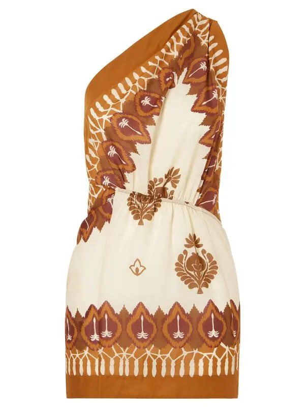 Johanna Ortiz Sun Traveller" Printed Cotton-voile One-shoulder Mini Dress - Orange