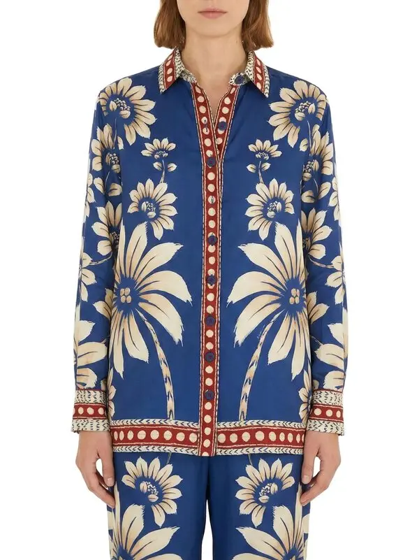 Farm Rio Luna Floral Print Linen Blend Shirt - Blue