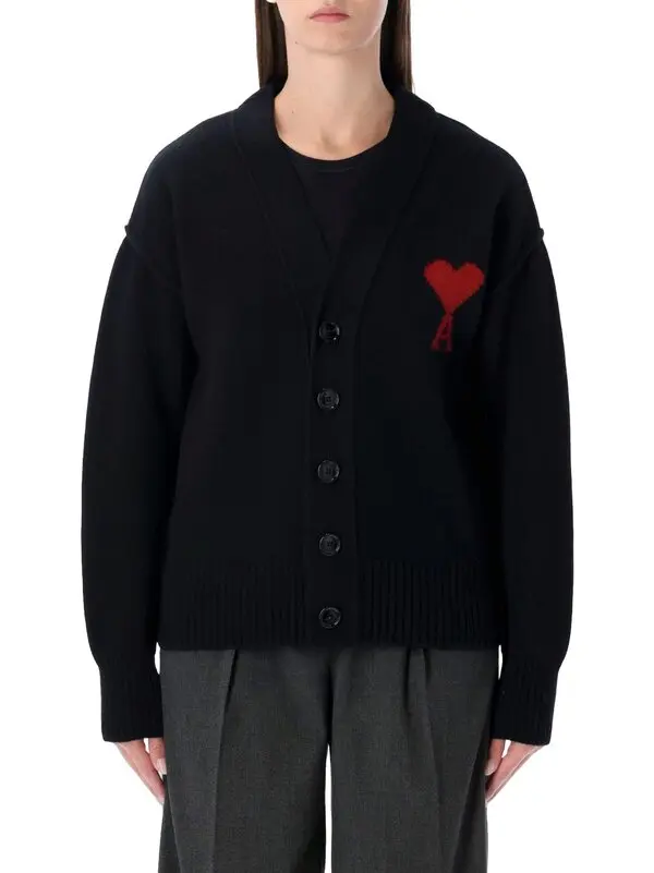 AMI Paris Cardigan With Heart Logo - Black