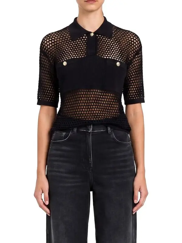 TWINSET Textured Mesh Polo Shirt - Black