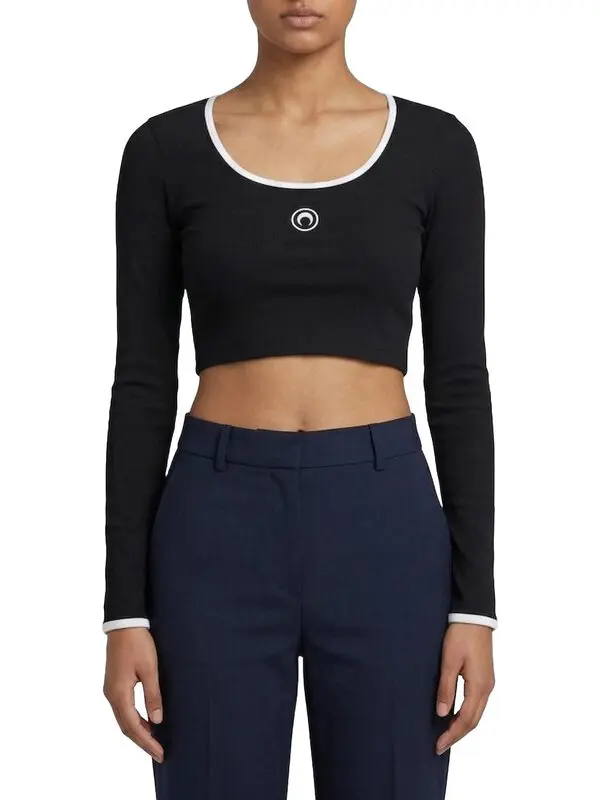MARINE SERRE Cropped Long Sleeve T-shirt With Contrast Trim - Black