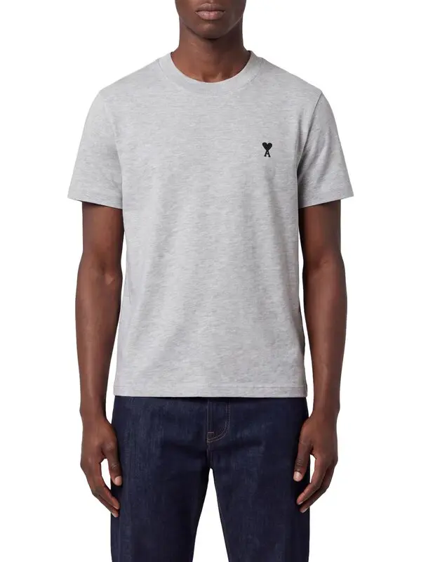 AMI Paris Crewneck Cotton T-shirt With Embroidered De Coeur Logo And Dropped Shoulders - Grey