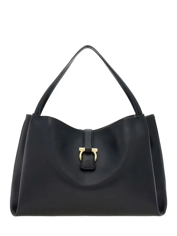 FERRAGAMO Mia Calfskin Shoulder Bag With Gancini Logo - Black