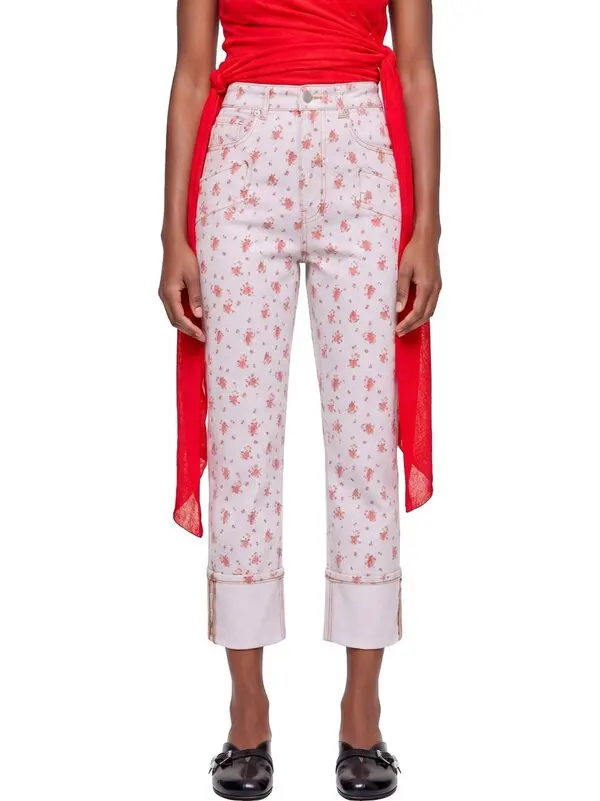 GANNI Floral Stretch Cotton Denim Cropped Jeans - Peach