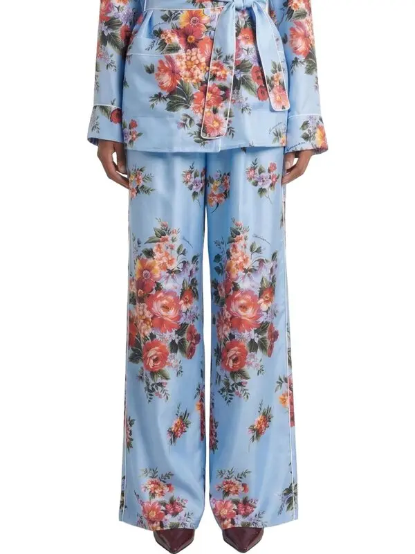 Dolce & Gabbana Floral Print Silk Palazzo Trousers - Blue
