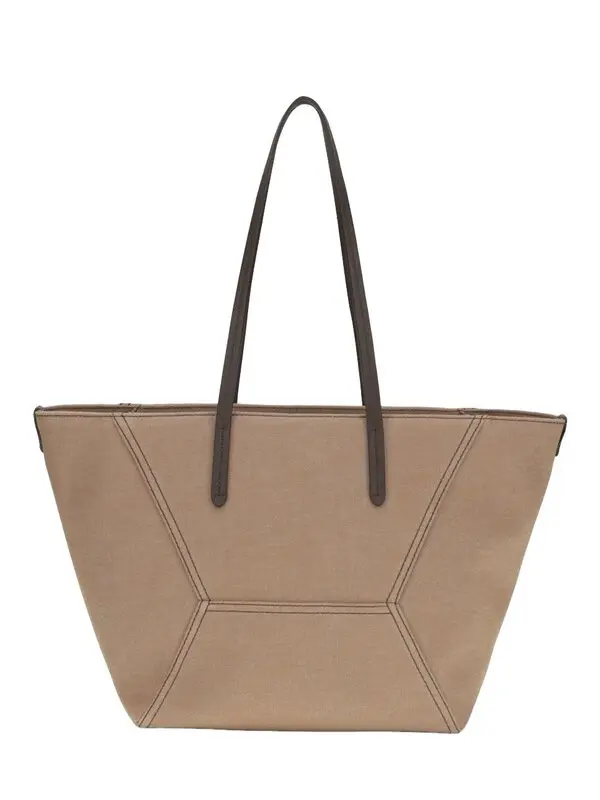 Brunello Cucinelli Cotton Tote Bag With Double Leather Handles - Camel