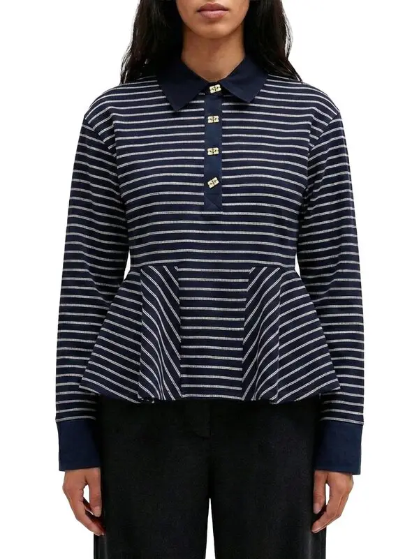 GANNI Striped Cotton Polo Shirt - Sky