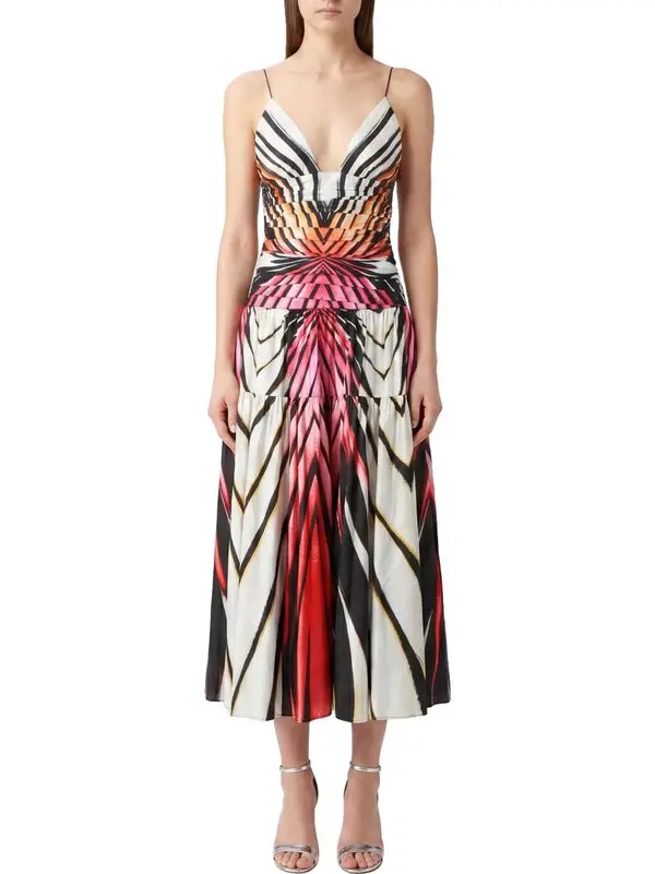 Roberto Cavalli V-neck Abstract Print Stretch Cotton A-line Midi Dress - Multicolor
