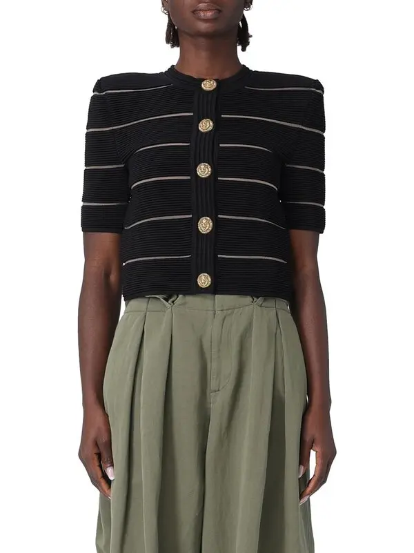 Balmain Striped Viscose Blend Cropped Cardigan - Black