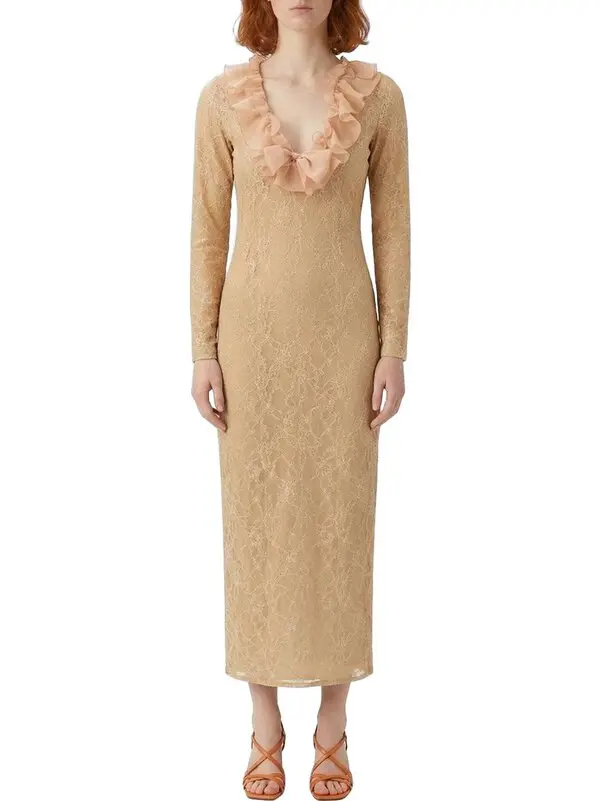 Alessandra Rich Lace Midi Dress With Ruffles - Nude